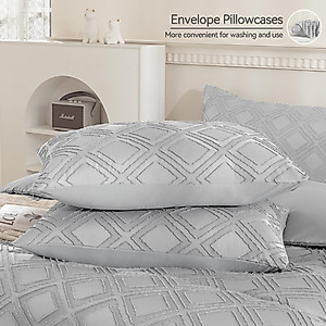 JELLYMONI Light Grey Duvet Cover Queen Size - 3 PCS Microfiber Tufted Duvet Cover Set, Boho Textured Duvet Cover Jacquard Rhombus Geometric Pattern Duvet Cover with Corner Ties & Zipper Closure