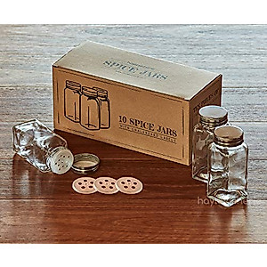 Hayley Cherie - 6 oz Large Square Glass Spice Jars (Set of 10) - Chalkboard Labels, Stainless Steel Lids and Large & Small Shaker Inserts