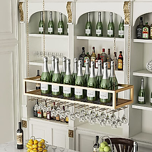 Ceiling Metal Iron Chain Wine Glass Rack, Hanging Wine Glass Holder, Adjustable Wine Rack with Glass Holder, Matte Black Stemware Rack