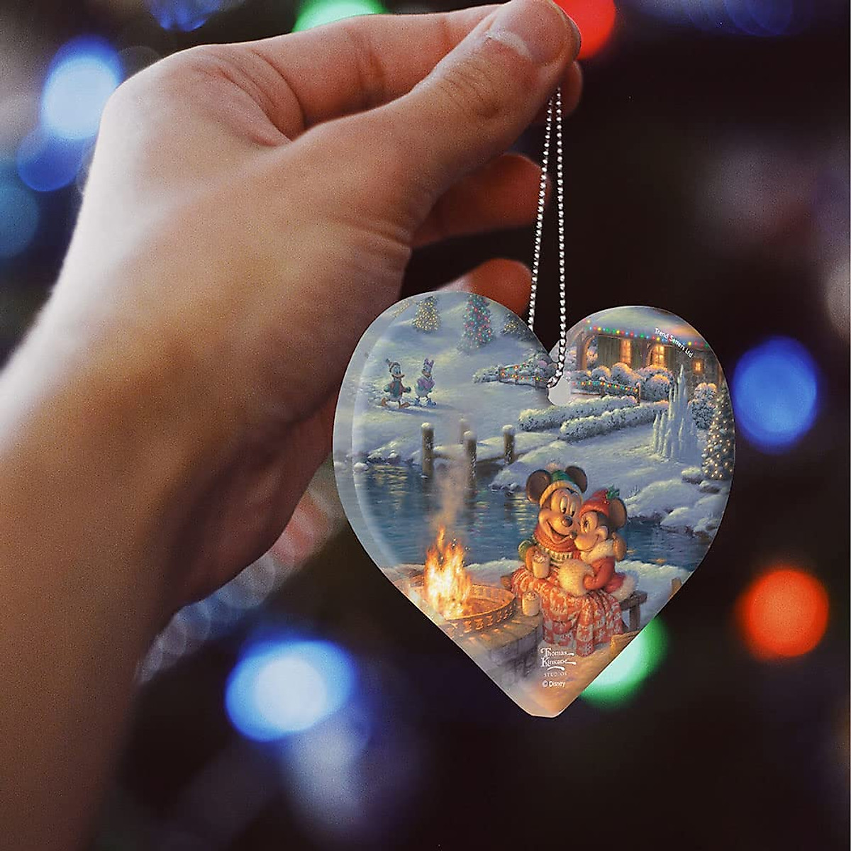 Disney – Mickey and Minnie Mouse – Christmas Lodge – Thomas Kinkade Studios – 3.5” x 3” Heart Shaped Hanging Acrylic Print – Officially Licensed Collectible