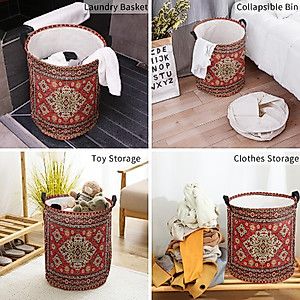 Abstract Retro Boho Laundry Basket,Collapsible Bag with Easy Carry Handles,Large Waterproof Foldable Freestanding Hamper,Red Folding Washing Bin Clothes Storage Round Modern Colorful