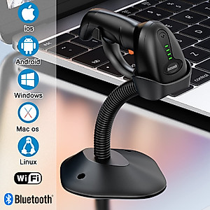Bluetooth Barcode Scanner with Stand，2.4G Wireless & USB 2D QR Handheld Barcode Reader Scanner for Library Book, Warehouse Inventory, Store