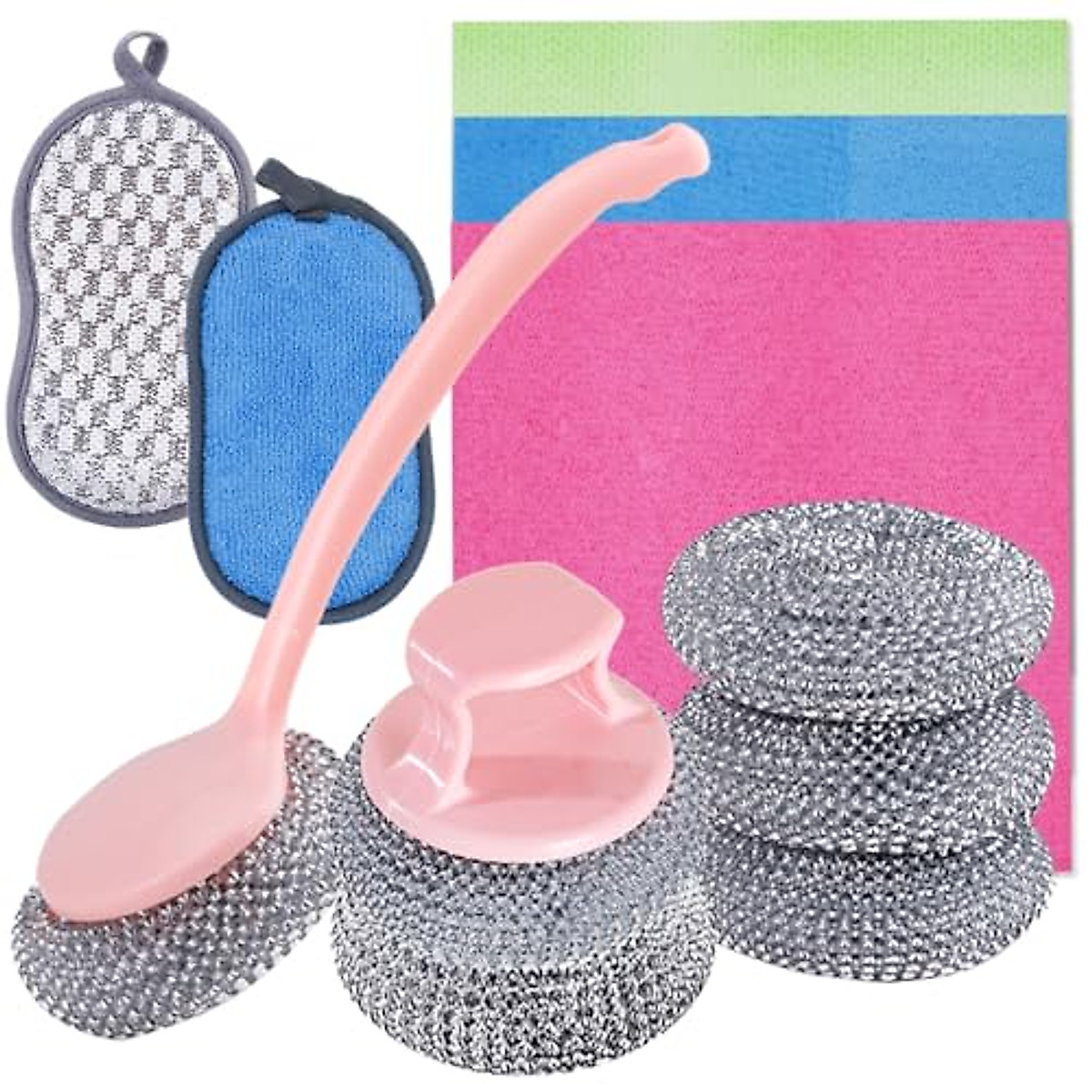 Stainless Steel Sponges Set with Handle, FULANDL 6PCS Steel Wool Scrubber With 3PCS Cellulose Sponge Cloths 2PCS Dual-Sided Scrub Sponges, Scrubbing Scouring Pad Dishes Scrub Cleaning Ball for Kitchen
