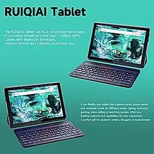 2 in 1 Tablet 10 Inch, Android 11.0 Tablet with Keyboard Case, 4GB+64GB ROM/512GB Computer Tablets, Quad Core, HD Touch Screen, Dual Carema, Games, Wi-Fi，BT, Google GMS Certified Tablet PC