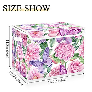 MFTJYO Storage Bin with Lid Purple Hydrangea Pink Roses Foldable Storage Box Washable Fabric Storage Cubes Bin Organizer Basket Closet for Home Bedroom Closet Nursery Office