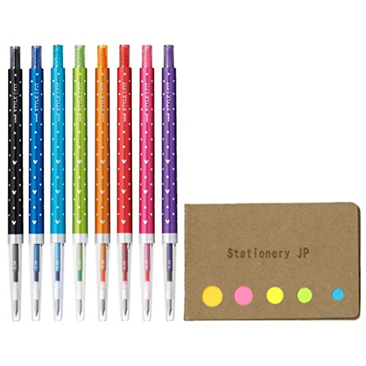 Disney Style Fit Retractable Gel Ink Pen, Slim & Stylish Body, Micro Point 0.38mm, 8 Color ink, Sticky Notes Value Set