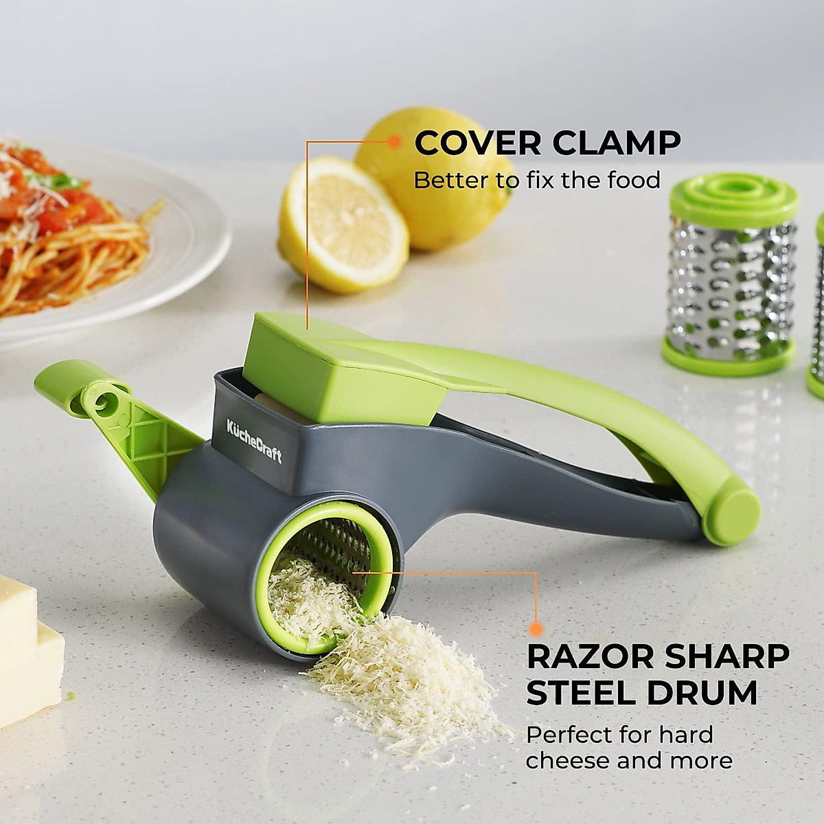 KucheCraft Cheese Grater with Handle, Kitchen Parmesan Cheese Grater with 2 Stainless Steel Drums, Rotary Cheese Grater Handheld for Grating and Shredding Hard Cheese, Chocolate