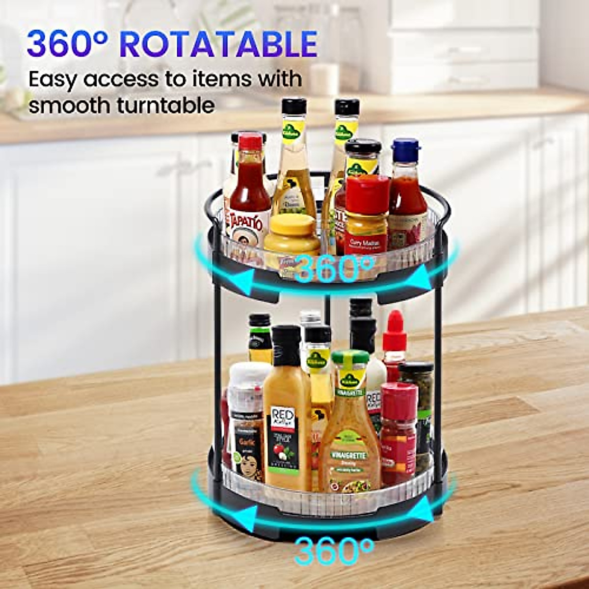 2 Tier Lazy Susan Turntable Spice Rack Organizer for Kitchen Cabinet, Farmhouse Tiered Tray Decorative Trays for Fruit, Snacks - Organizer for Cupboard, Pantry, Bathroom, Table