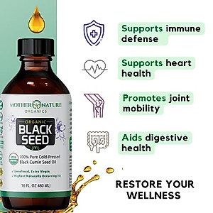 Organic Black Seed Oil Liquid 16 oz - Cold Pressed, Unrefined, Vegan Nigella Sativa Oil with High TQ & Omega 3 6 9 for Hair Growth, Skin Care, Joints Health, Boost Immune Defense & Overall Wellness