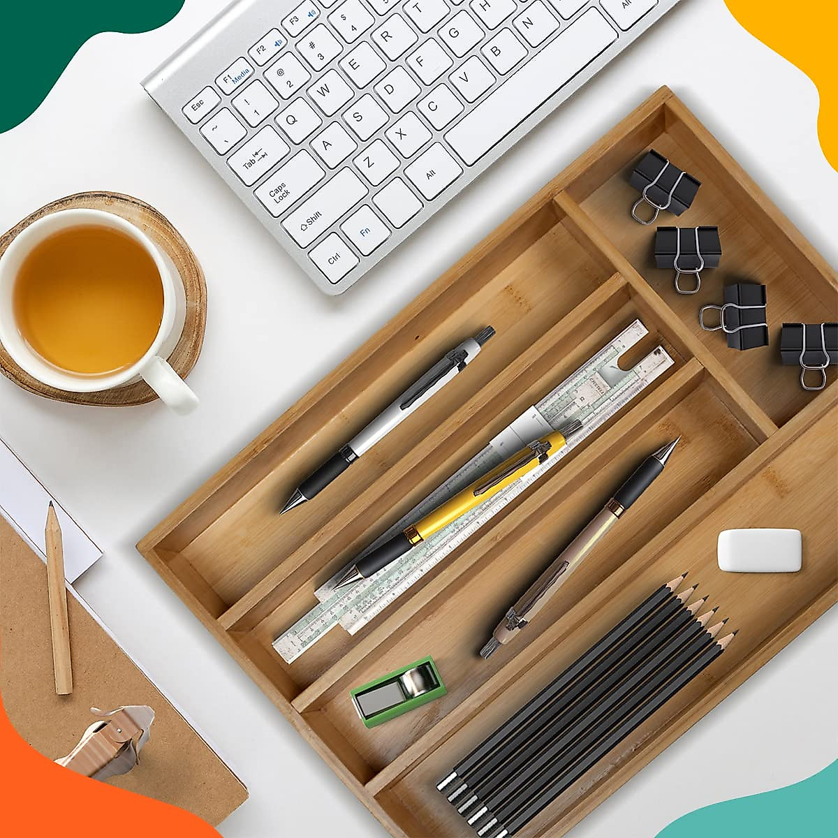 ECO SOUL Organic Bamboo Wooden Kitchen Drawer Organizer | Sturdy, Large 11' x 16' | Organizer Tray for Silverware, Cutlery, Flatware, Utensil Holder | Grooved Drawer Dividers, 6 slots