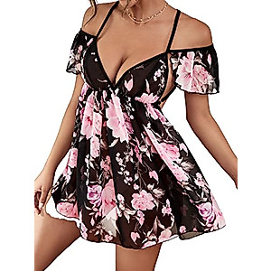 Verdusa Women's Casual Sleepwears Floral Print Cold Shoulder Crisscross Backless Spaghetti Strap Chiffon Nightdress Multicolor M