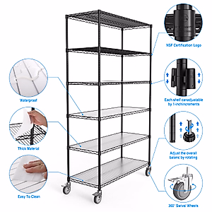 Metal Shelf Wire Shelving Unit, NSF 6 Tier 6000lbs Heavy Duty Adjustable Storage Rack with 5in Wheels and Shelf Liners for Commercial Grade Utility Steel Storage Rack - 20" D x 48" L x 84.5" H Black