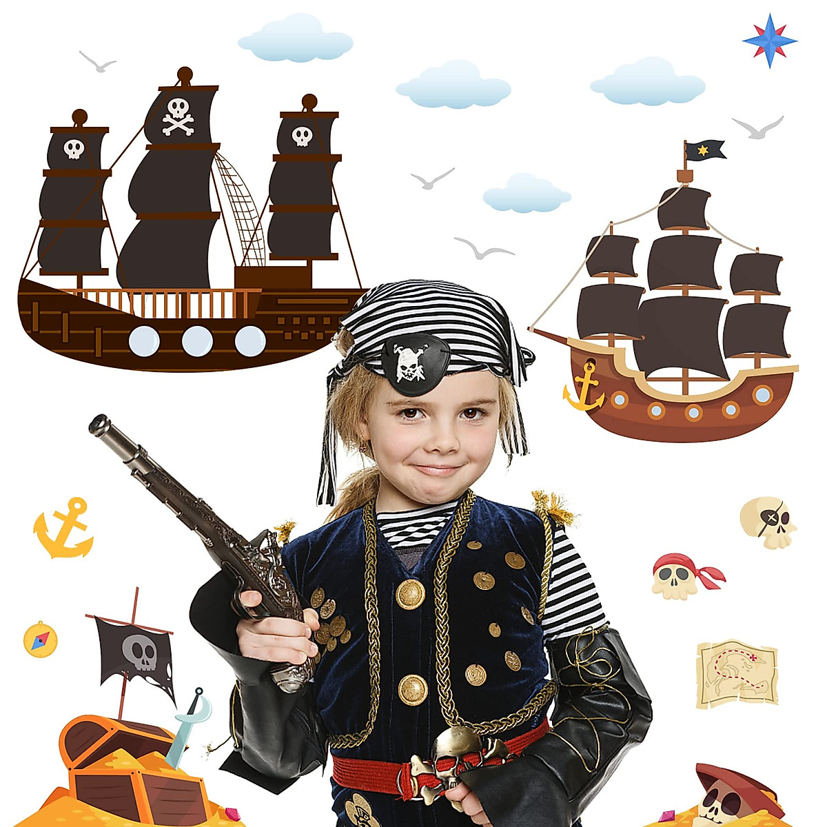 PLIGREAT Pirate Ship Wall Stickers, Removable Self-Adhesive Wall Stickers, Peel and Stick Wall Decals DIY Vinyl Wall Stickers for Boys Bedroom Nursery Living Room Home Wall Art Decor