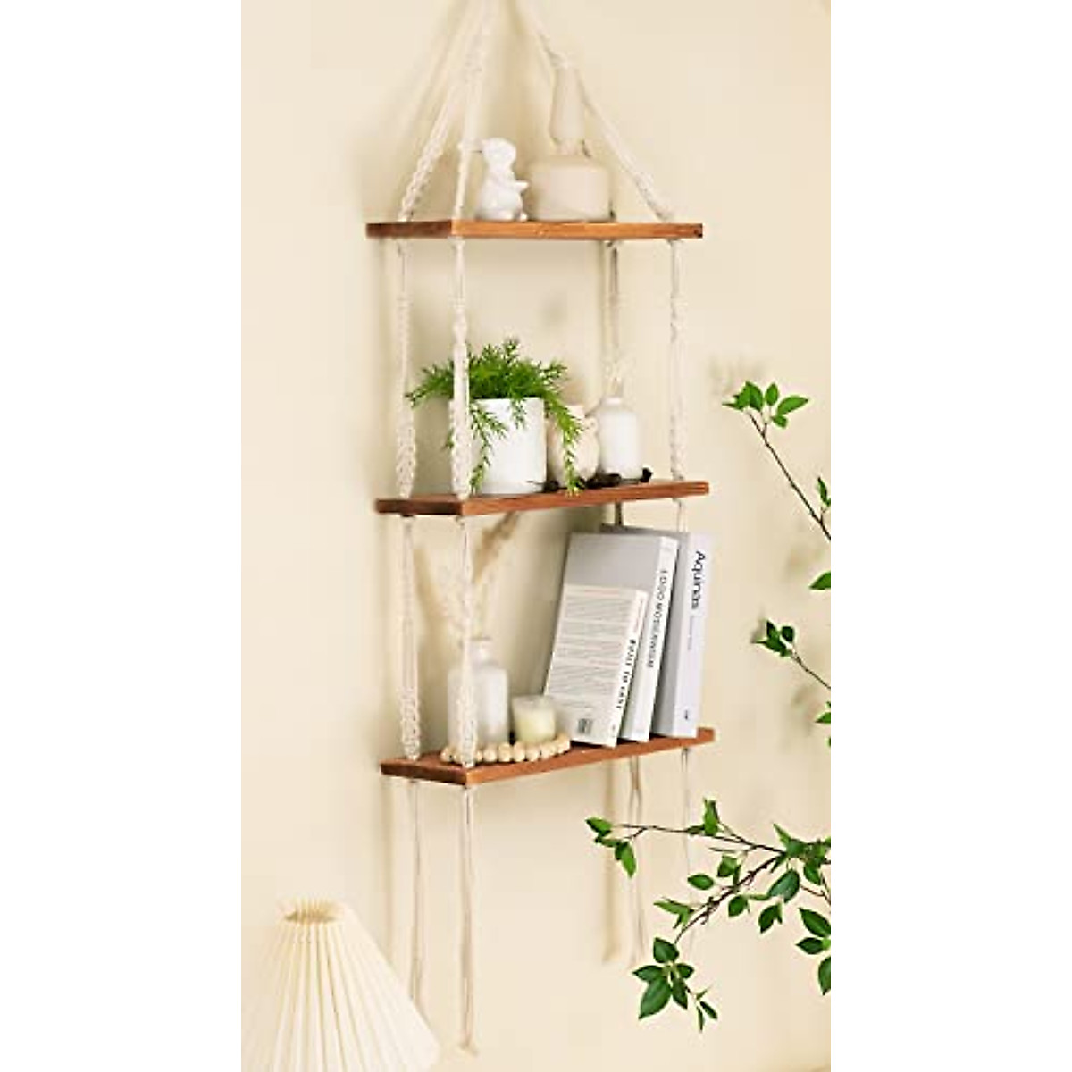 TIMEYARD Macrame Shelf Hanging Shelves, Wood Wall Shelf with Woven Rope, Rustic Floating Shelves Storage Organizer, 3 Tier Shelf Boho Decor for Living Room, Bathroom, Bedroom