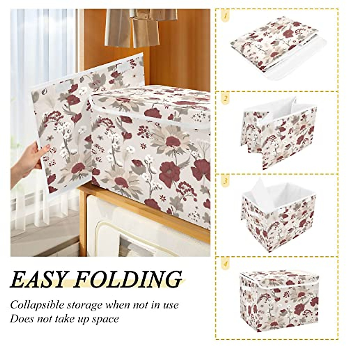 Kigai Vintage Red Flowers Storage Bins with Lids and Handles 17x13x12 In Foldable Fabric Storage Basket Toys Clothes Organizer for Shelves Closet Home Bedroom Office