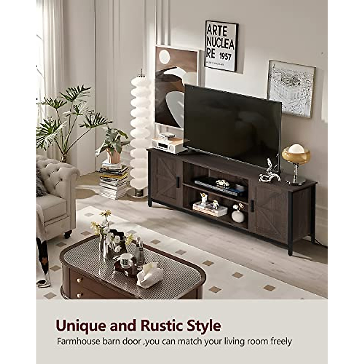 WEENFON Farmhouse TV Stand for 55 Inch TV, TV Console with Storage Barn Doors,Entertainment Center for Living Room, Bedroom, TV Stand with Stable Metal Frame, Dark Brown