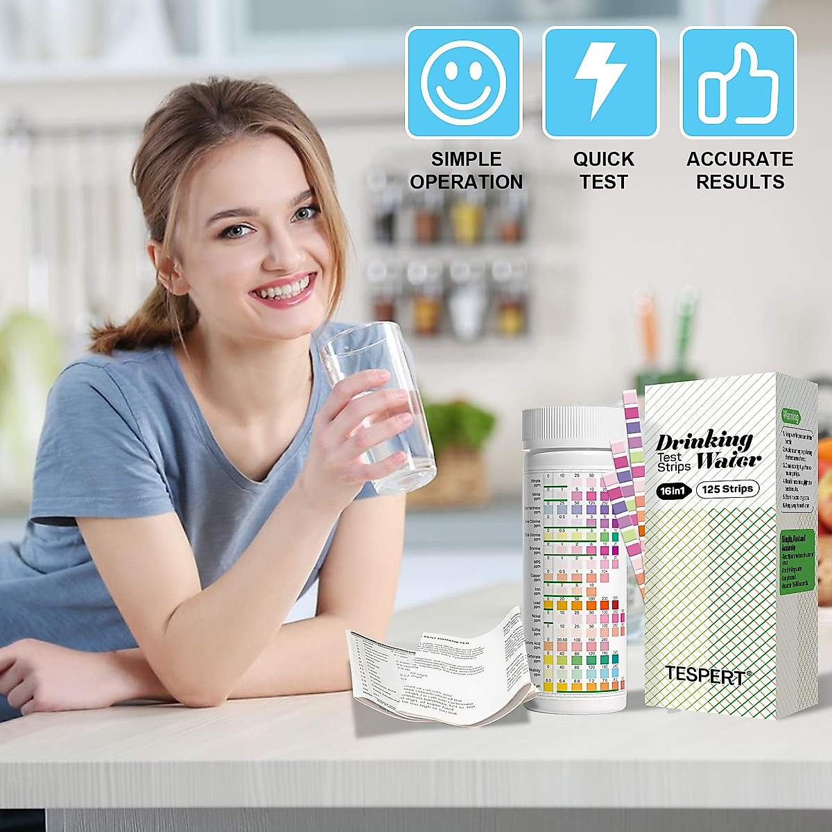 Water Testing Kits for Drinking Water: 125 Strips 16 in 1 Well and Drinking Water Test Kit, TESPERT Water Test Strips with Hardness, pH, Lead, Iron, Copper, Chlorine, and More