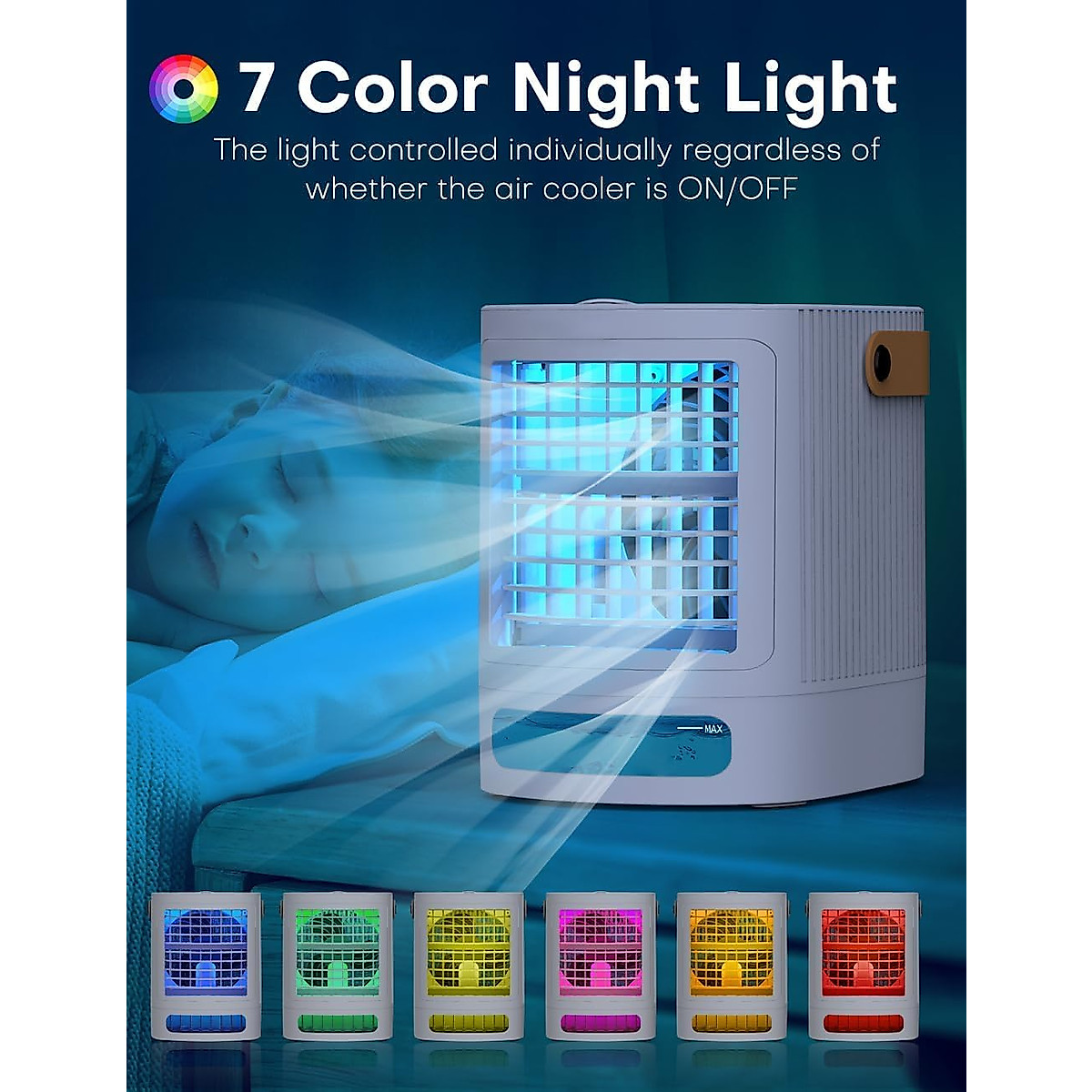 FANCOLE Portable Air Conditioners, 3-IN-1 Small Air Conditioner w/ 3-Level Humidify & 3 Speeds, 7-Color Night Lights, Top Fill Tank for 8H Cooling, Desk Mini Air Conditioner for Bedroom Room Office