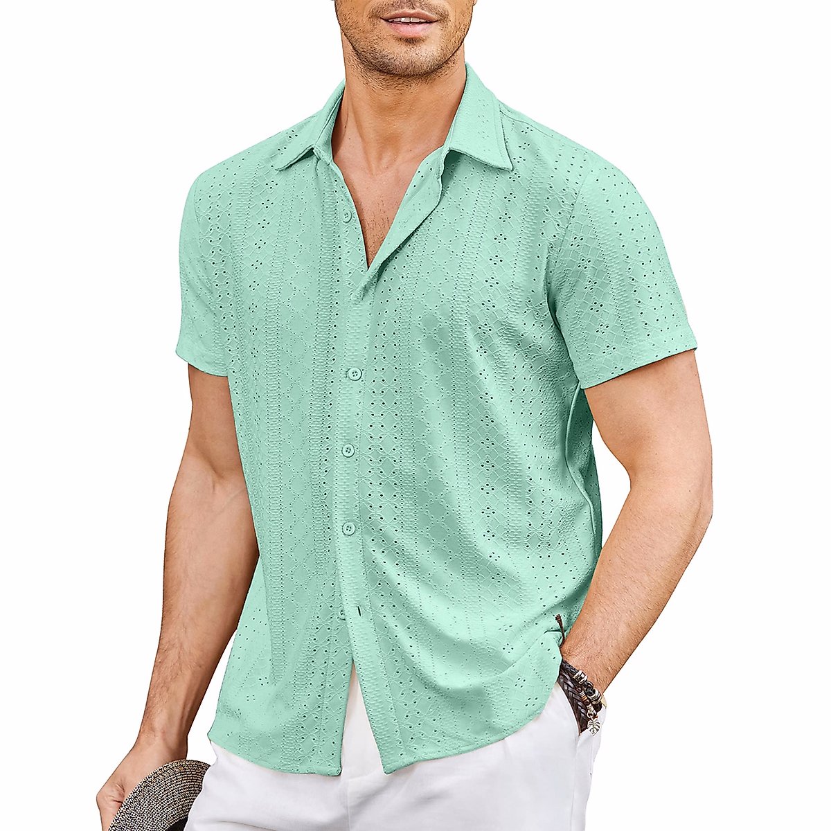 COOFANDY Mens Button Down Beach Shirt Short Sleeve Casual Vacation Shirts Summer Tropical Shirts Tops Mint Green