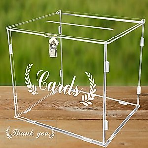 FCDECOR Acrylic Wedding Card Box with Lock, Clear Card Boxes for Wedding Reception with Ear of Wheat Sign for Honey Moon Fund Wedding Decor, Baby Showers, Birthdays, Bridal, Graduation Party Supplies