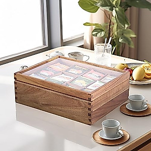 KITEISCAT Acacia Wood Tea Organizer Box - 12 Compartments, Multi-Functional Tea Bag Storage Solution