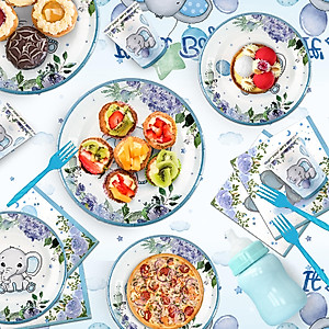 121Pcs Elephant Baby Shower Decorations Baby Shower Decorations Boy Includes Paper Plate, Napkins, Cups, Forks, Tablecloth, Elephant Theme Party Supplies for 24 Guests