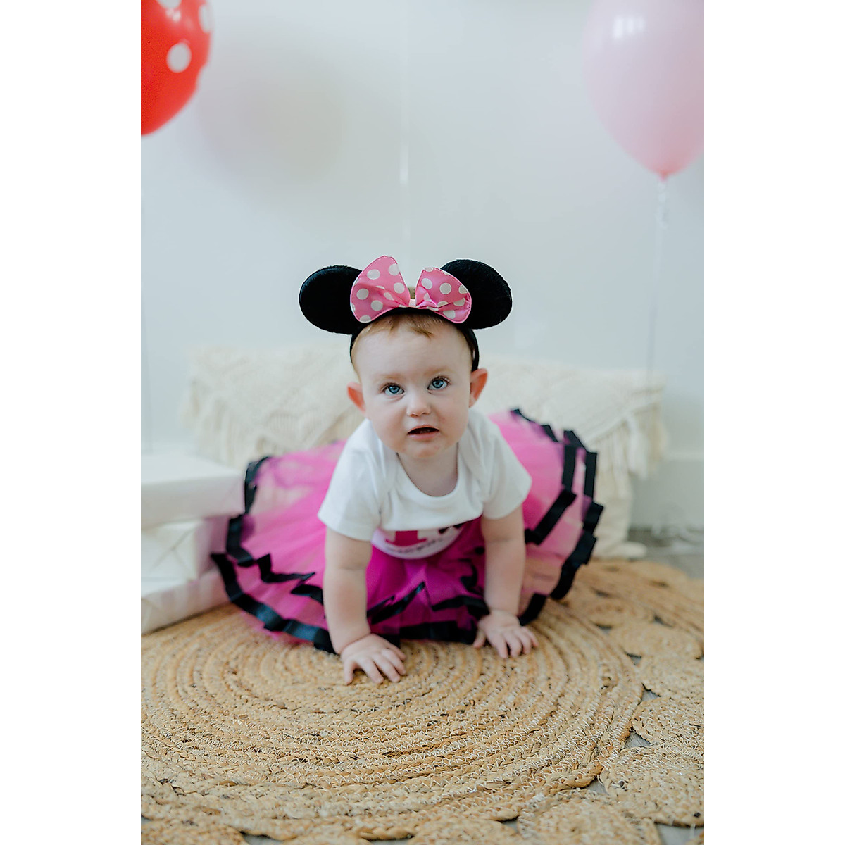 First Birthday Girl Outfit - Mouse Tutu Set (Pink and Black Tutu, 12M Short Sleeves)