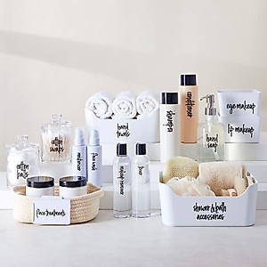 Talented Kitchen 192 Preprinted Bathroom Labels for Containers - Black Script Stickers for Organizer Bins, Bath, Beauty Canisters, and Makeup Storage Organization (Water Resistant)