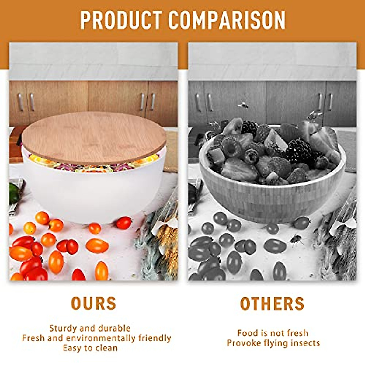 Panghuhu88 Salad Bowl with Lid, Set of 3 (7" + 8.8" + 11") Serving Bowl with Bamboo Cover, Bamboo Fiber Mixing Bowl for Salad Cereal Pasta Soup Fruit Popcorn Chips (White)