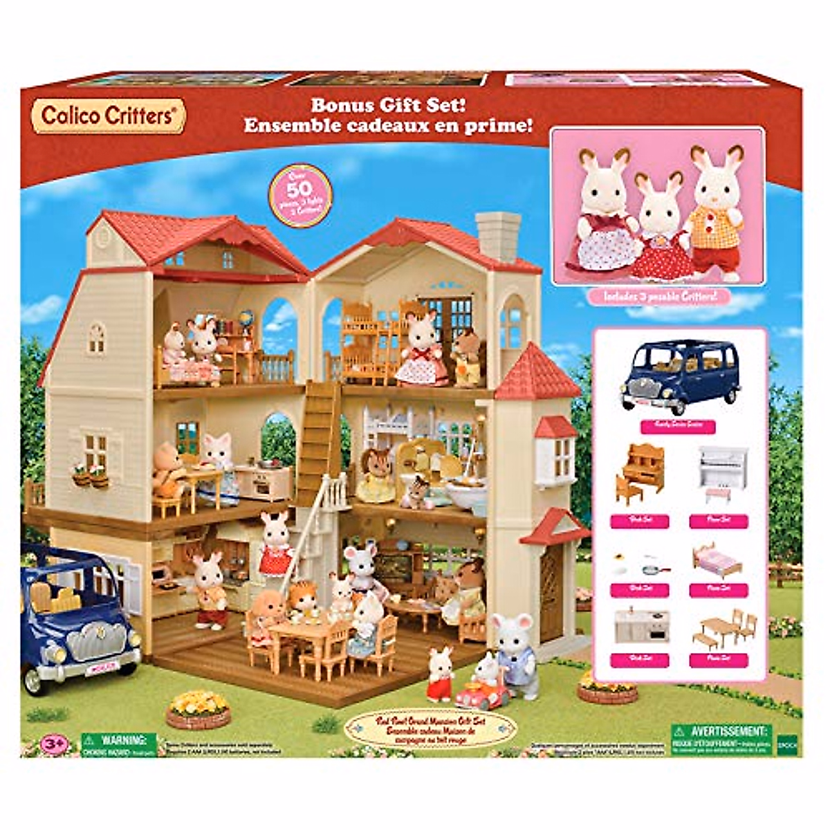 Calico Critters Red Roof Grand Mansion Gift Set, Dollhouse Playset with 3 Figures, Furniture, Vehicle and Accessories