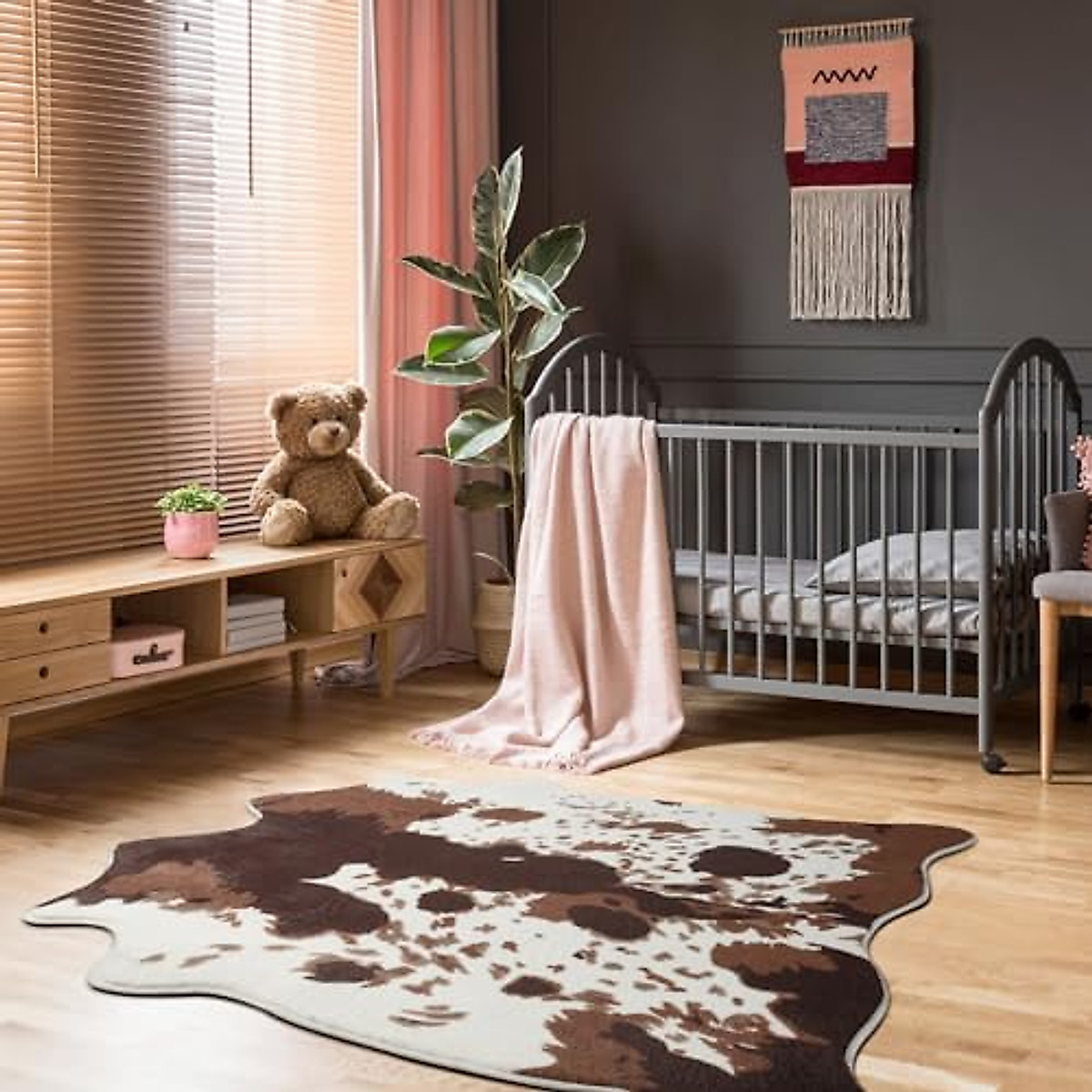 FALARK INC Premium Faux Cowhide Rug, 4.6ft x 5.2ft Cow Print Rugs for Living Room Bedroom, Cute Animal Print Carpet Western Home Decor Rug, Upgraded Non-Slip Soft Cow Skin Rugs, Brown and White