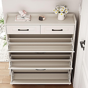 HANLIVES Hidden Shoe Cabinet for Entryway, Narrow Shoe Storage Organizer with 3 Doors 2 Drawers,4 Tier Wood Entry Shoe Cabinet,White Flip Down Shoe Rack for Hallway,Apartment