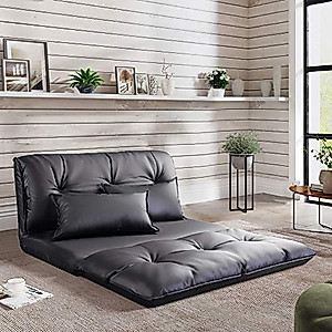 EOVTK Adjustable Lazy Sofa with 2 Pillows, PU Leather Loveseat Recliner, 5 Position Floor Couch Video Gaming Foldable Mattress Futon Sleeper Bed for Bedroom, Living Room, Black