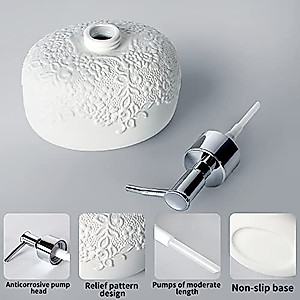 Bathroom Accessories Set with Embossed Design 5PCS, Ceramic White Bathroom Accessory Set, 2Pcs Bathroom Soap Dispenser 14oz, 2Pcs Tumbler Cup, 1Pcs Soap Dish, ANTIS'S HOME