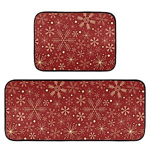 Pfrewn Red Golden Snowflakes Kitchen Rug and Mat Set of 2 Anti Fatigue Non Slip Washable Winter Christmas Glitter Snow Runner Rugs Floor Mats for X-mas Holiday Kitchen Laundry Room Home Decor