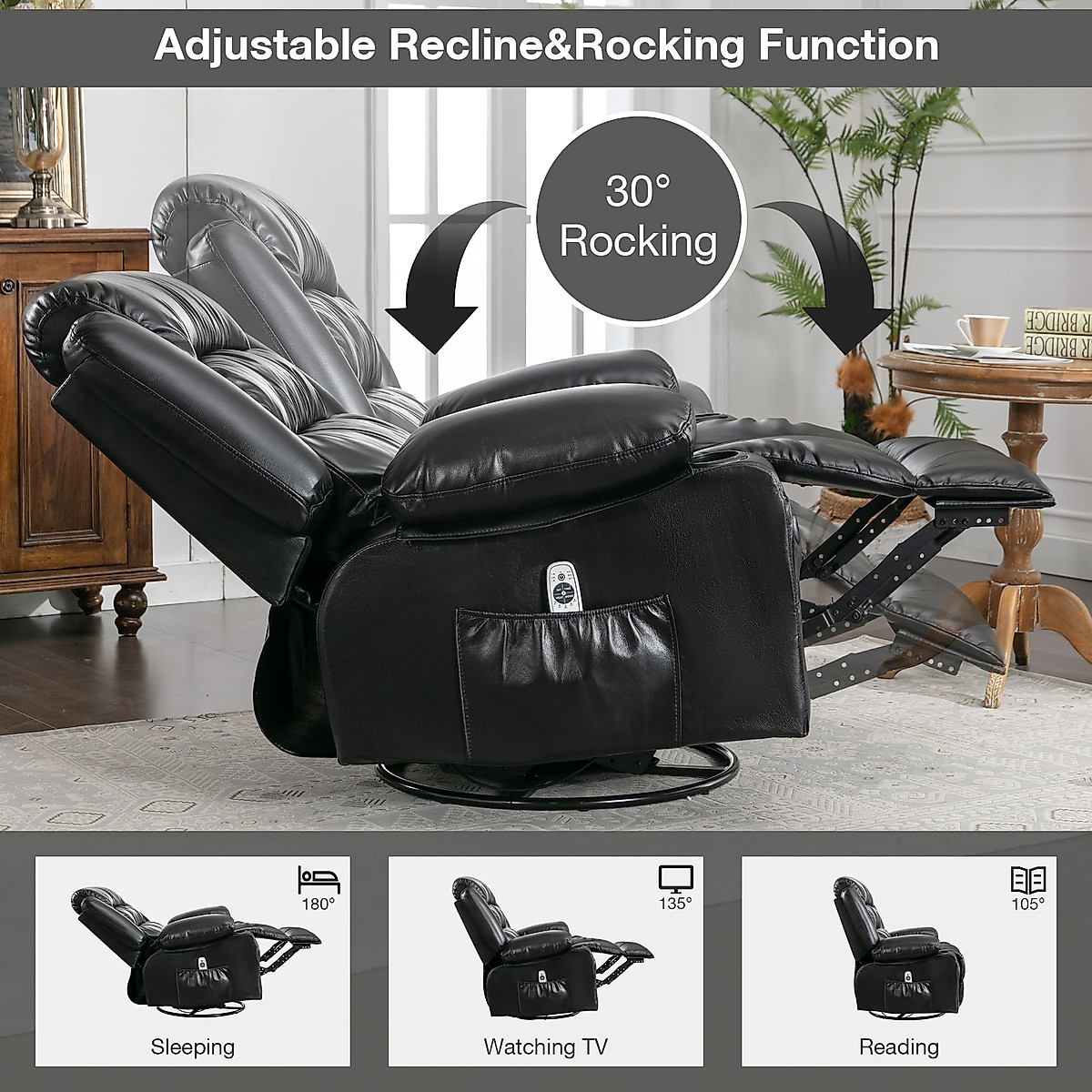 Massage Swivel Rocker Recliner Chair with Vibration Massage and Heat Ergonomic Lounge Chair for Living Room with Rocking Function and Side Pocket 2 Cup Holders USB Charge Port (Black)