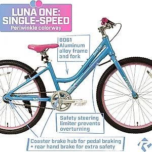 Revere Freestyle Kids 24" Girls Cruiser Bicycle for Ages 7-11 Years Old. Lightweight Aluminum Frame and Fork, Easy to Ride! Premium Parts, Premium Design, Premium Safety! (Periwinkle)