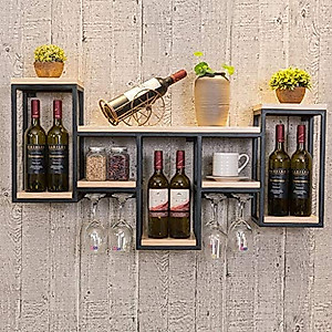Wine Holder Wine Bottle Glass Rack, Wood Metal Combined Wall Storage Shelf Holder, Wine Cabinet Wall-Mount Wine Goblet Stemware Rack