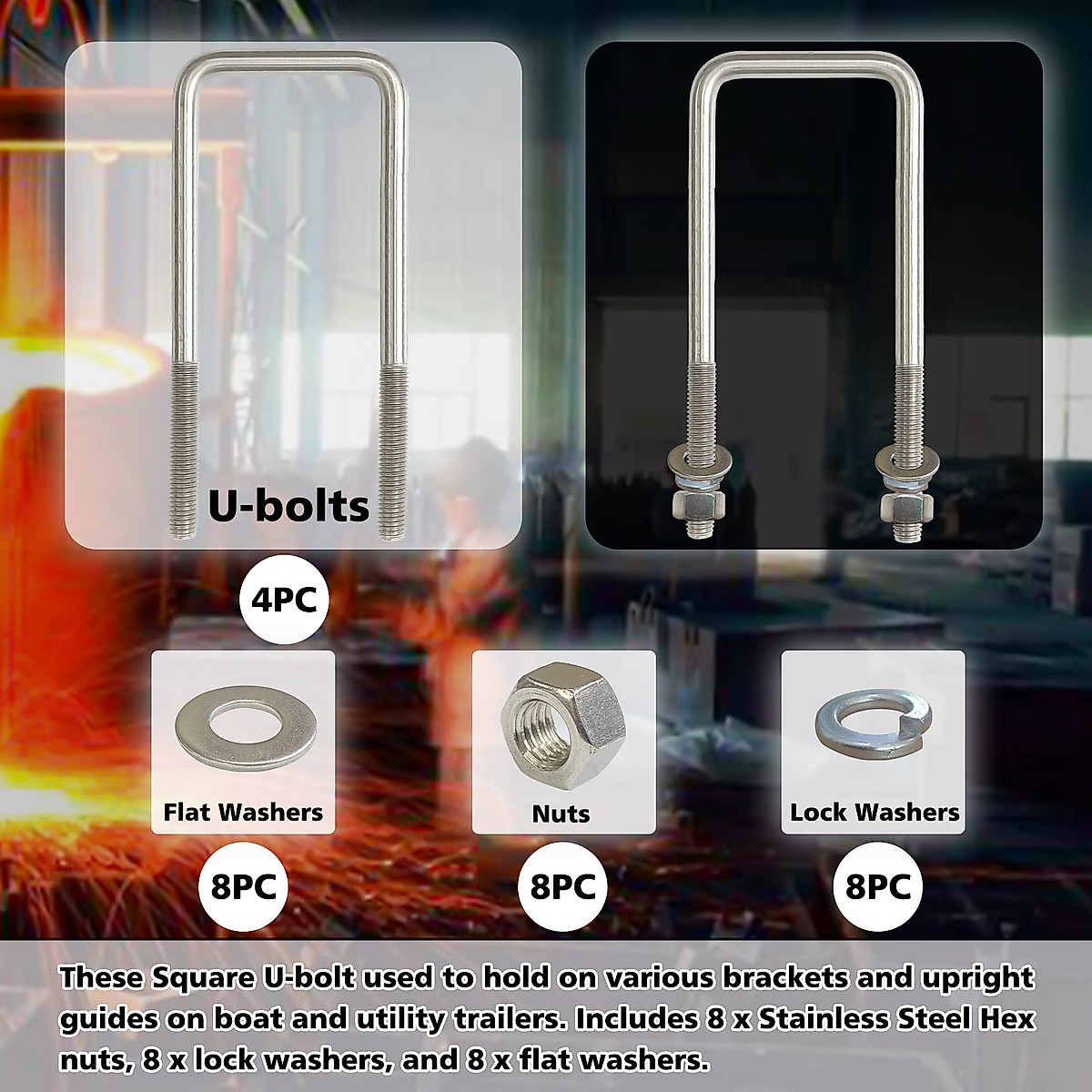 FITHOIST 4Pack Square U-Bolt 1/2"-13 Thread Size, 304 Stainless Steel U Bolts 1/2" D x 3-1/16" W x 7-5/16" L with Washers & Nuts, for Replacement Parts and Accessories for Sailboat Trailer