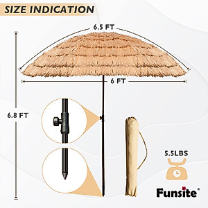 Funsite 6.5ft Tiki Umbrella Outdoor Patio Umbrellas with Tilt Hawaiian Tropical Palapa Beach Umbrella, UPF 50+ Thatch Hut Umbrella for Patio Backyard Pool