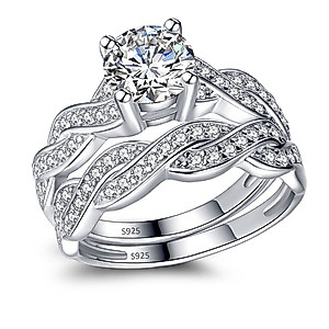 MABELLA 925 Solid Sterling Silver Matching Bridal Set Wedding Engagement Rings Clear Round Cubic Zirconia Eternity Ring for Women Size 9
