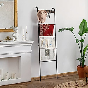 Blanket Ladder Metal Black Blanket Holder with Hooks Leaning Towel Rack Blanket Ladders for The Living Room Bathroom Bedroom (Matte Black)