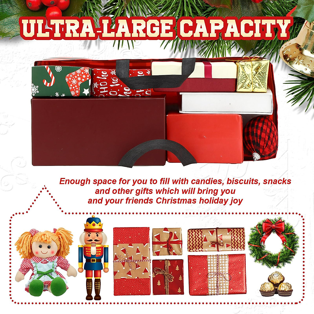 Clysee 36 Pcs Extra Large Christmas Gift Bags Reusable Tote Bags with Handles Non Woven Christmas Shopping Bags Waterproof Xmas Grocery Shopping Totes for Holiday Party 16.9 x 6.7 x 12.6 Inches