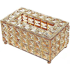 Handmade Square Crystal Tissue Box Tray 200pc Paper Towel Storage, Silver Rectangle Cover Luxury Toilet Holder for on Bathroom Vanity/Countertop/Bedroom Dresser/Night Stand/Desk/Table Rectan (Gold)