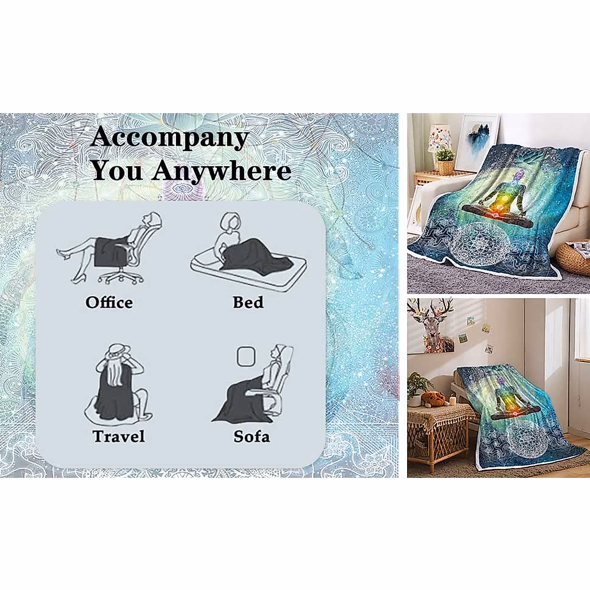 Chakra Chunky Throw Blanket for Couch Bedroom Bedding Decor Office, Seven Chakra Yoga Meditation Zen Hippie Lotus Spiritual Soft Thick Flannel Bed Blanket Decorations (640 Grams 50X60 Inches)