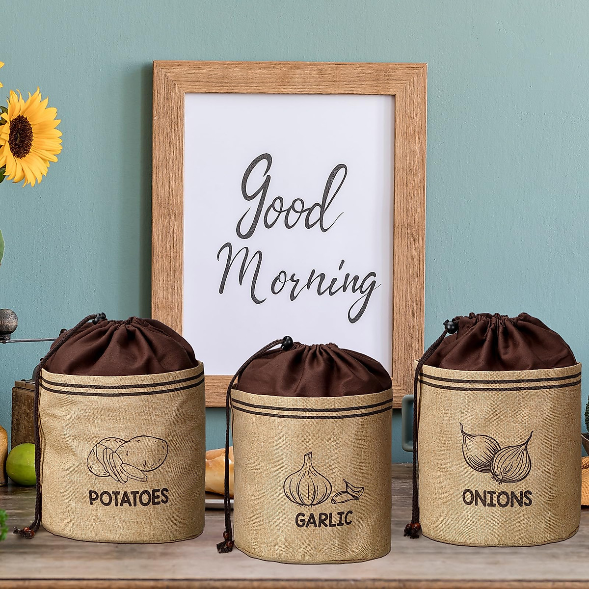 Wowangce 3 Pcs Onion Bags with Drawstring Sustainable Potato Bags with Blackout Lining Storage Farmhouse Kitchen Potato Sacks Food Potato Onion Garlic Storage Container for Pantry (Classic,Barncloth)