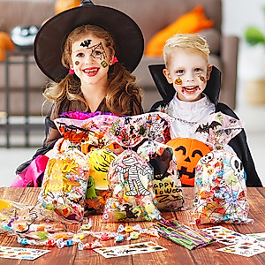 Halloween Candy Bags Treats Bags, 200 PCS Halloween Cellophane Bags for Kids Treat or Trick Party Supplies, 8 Styles Halloween Goodies Bags Gift Bags with Tattoo Stickers for Halloween Party Favors