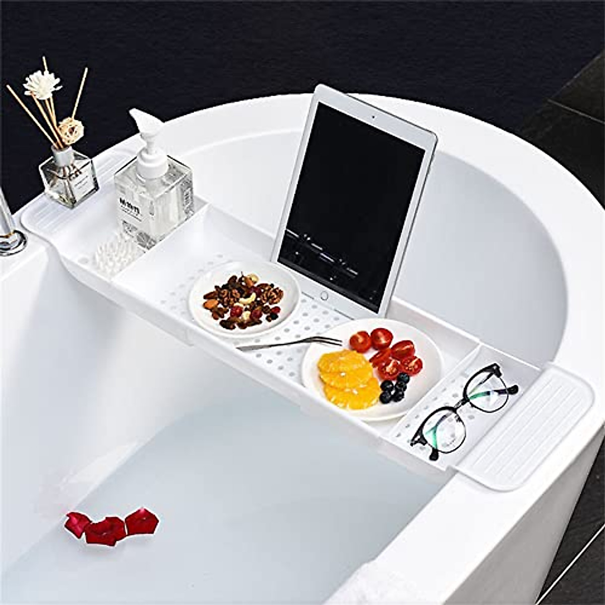 Bath Caddy Tray, Expandable Bath Shelf, Adjustable Bathtub Tray, Bathtub Storage Rack Multifunctional Bath Tub Table Caddy for Kids Toys, Bathroom Accessories (White, One Size)