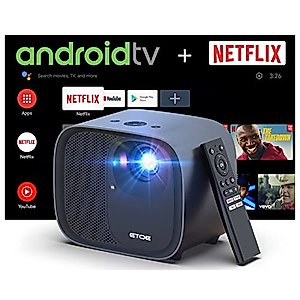 ETOE 1080P Smart Projector, Video Projector with Android TV 10.0, Auto Focus, Auto Keystone, Dual 10W Speakers, Netflix-Certified, Chromecast, WiFi Bluetooth, 4K Supported Projector with Carrying Case
