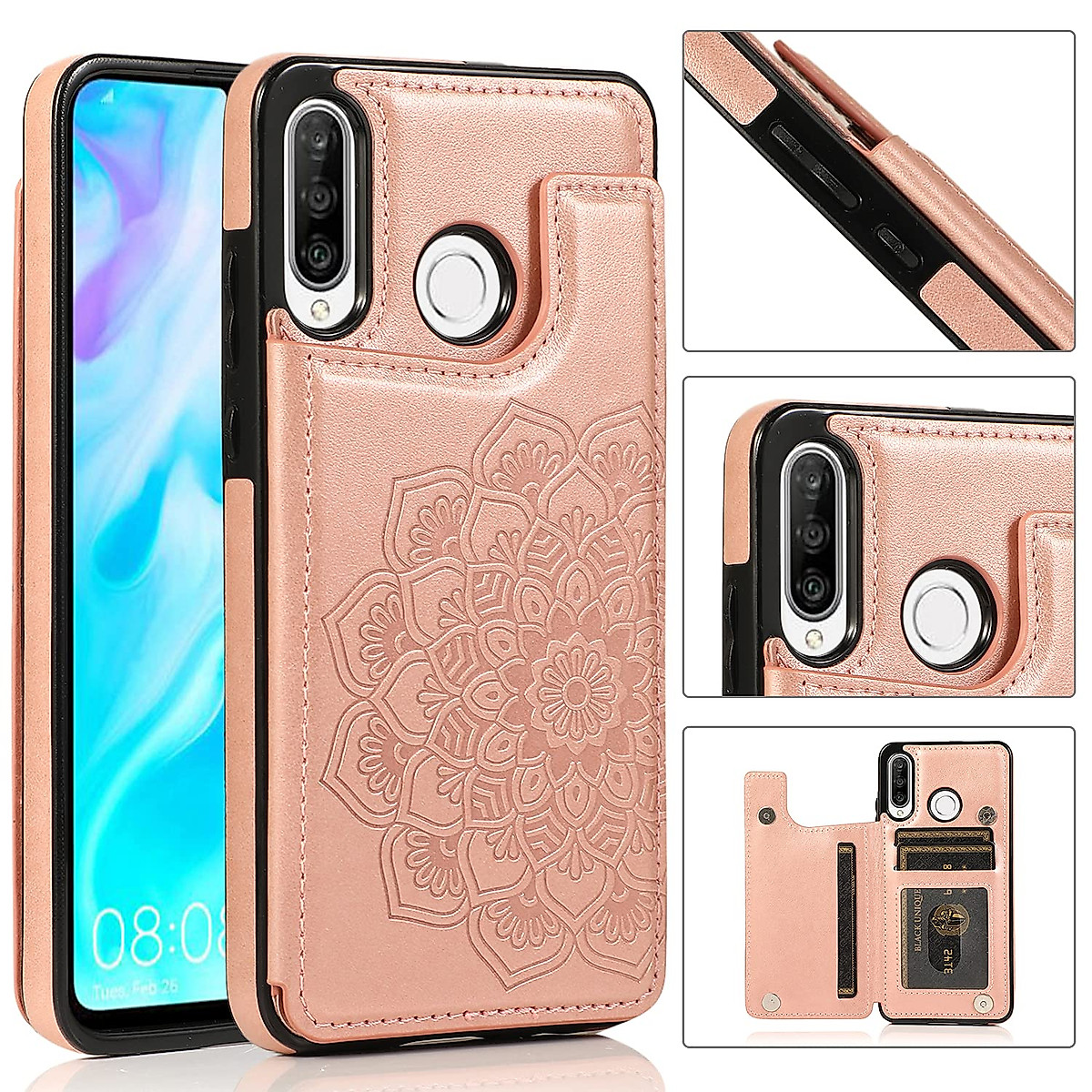 Asuwish Compatible with Huawei P30 Lite Case and Tempered Glass Screen Protector Cell Accessories Card Holder Slot Stand Kickstand Flip Wallet Phone Covers for Hawaii P30Lite P 30 30Lite 30P Rose Gold